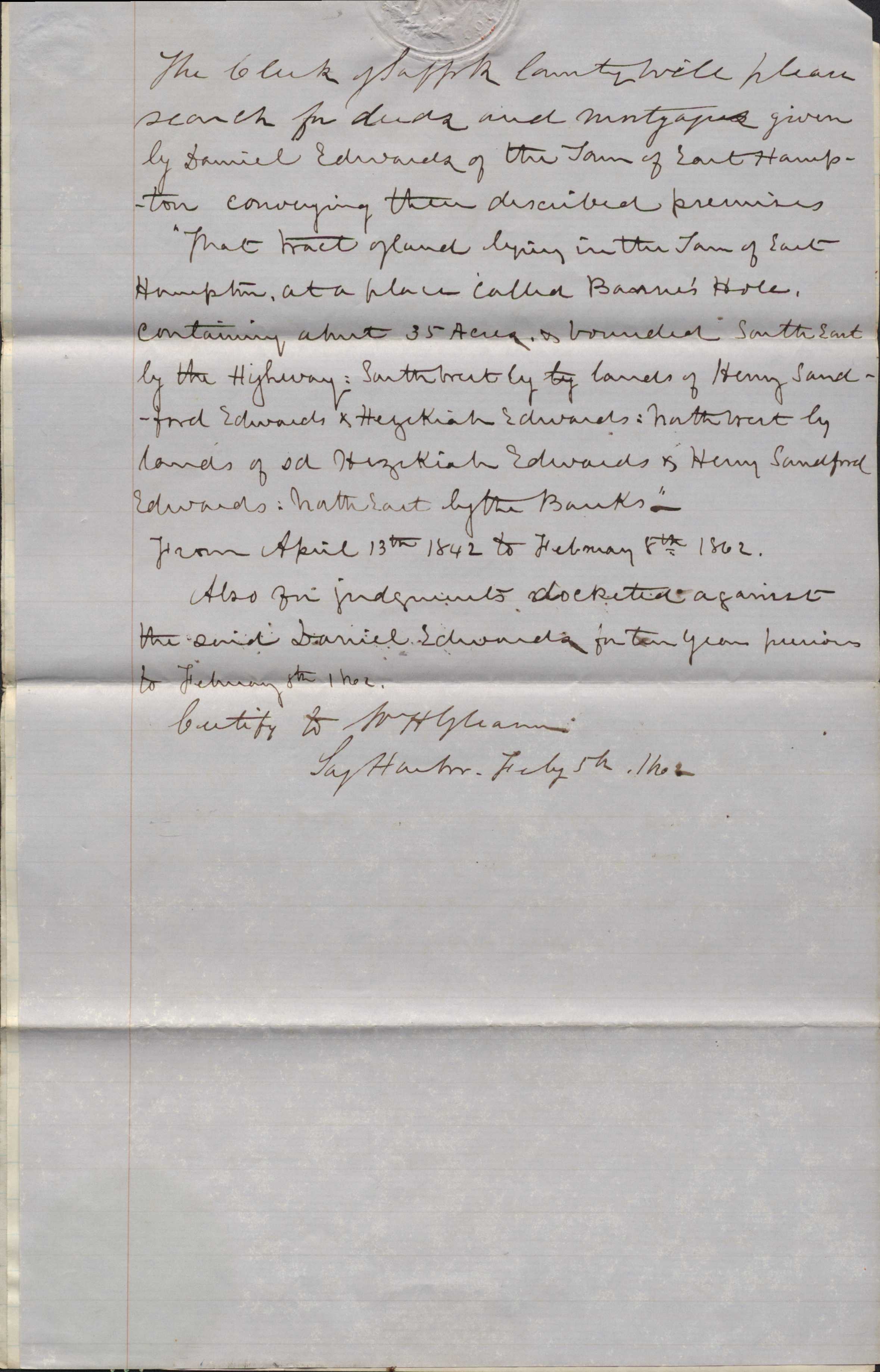 Inquiry for Deeds and Judgements for Daniel Edwards, "Barns Hole", February 8, 1862